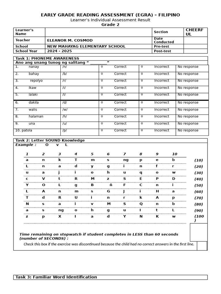 Answer Sheet EARLY GRADE READING ASSESSMENT | PDF