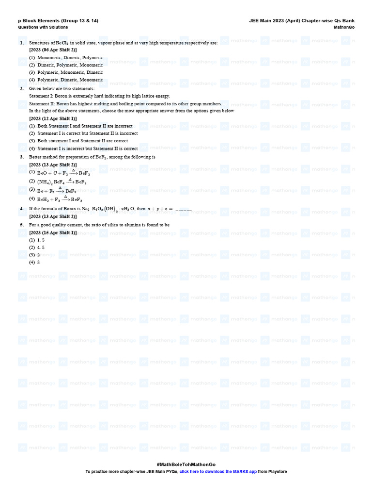 P Block Elements (Group 13 & 14) - JEE Main 2023 April Chapterwise PYQ - MathonGo | PDF ...