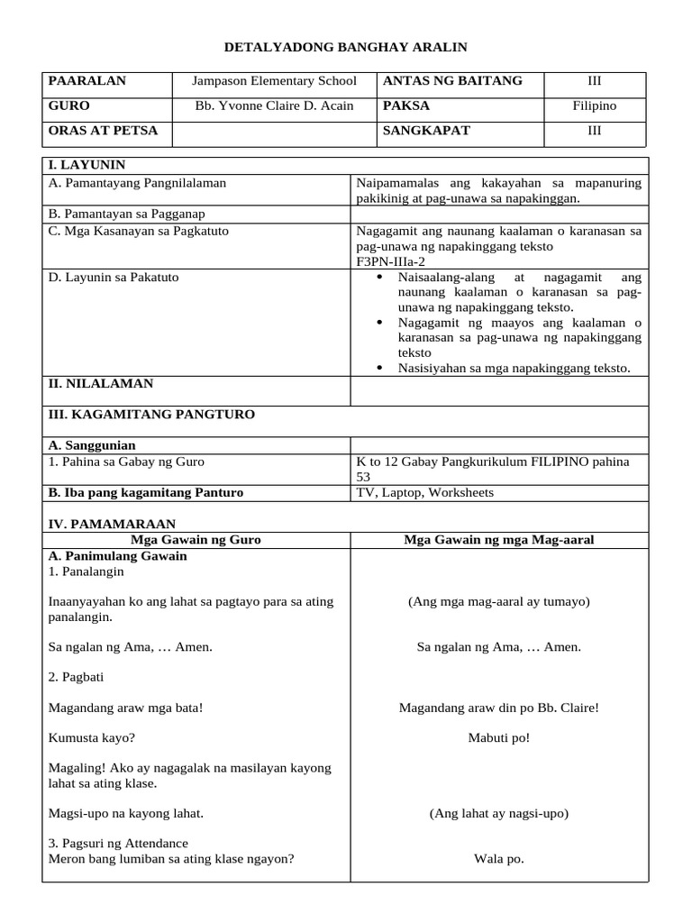 5th DETALYADONG BANGHAY ARALIN-Filipino | PDF