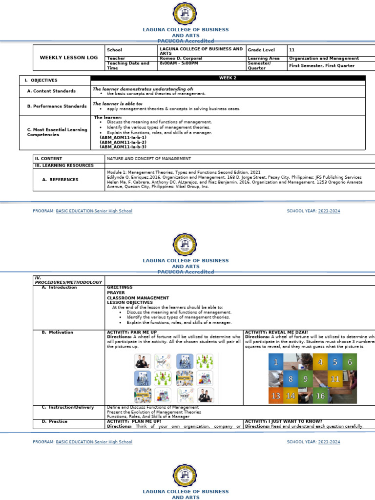 Week 2 Management Lesson Plan | PDF | Cognition | Business