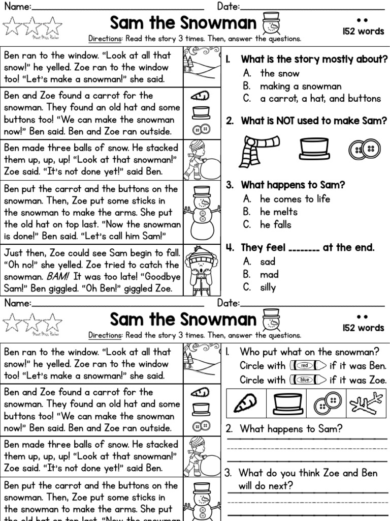 Sam the Snowman Story Questions | PDF | Snow | Precipitation