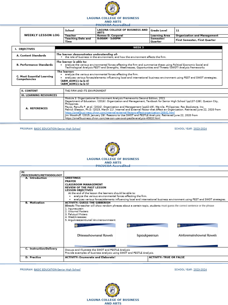 WEEK-3-ORGANIZATION-AND-MANAGEMENT-FIRST-SEMESTER - Copy | PDF | Swot ...
