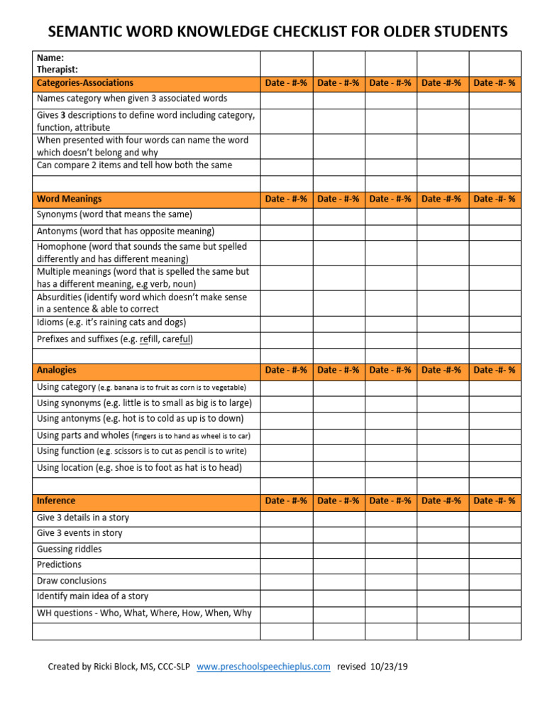 Semantic Word Knowledge Checklist For Older Students: Which Doesn't ...