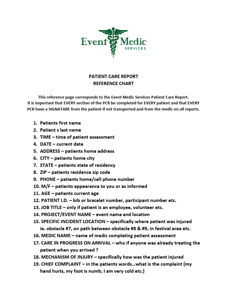 Patient Care Report Reference Chart | PDF | Patient | Clinical Medicine