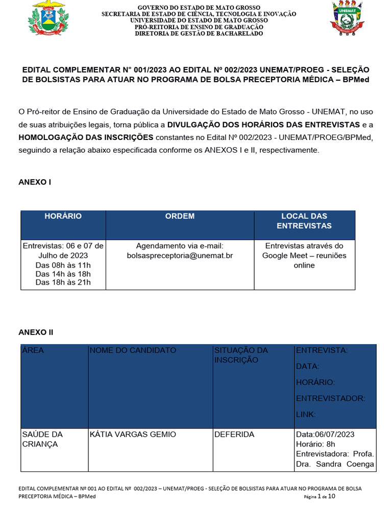 Edital Complementar #001/2023 Ao Edital #002/2023 Unemat/Proeg ...