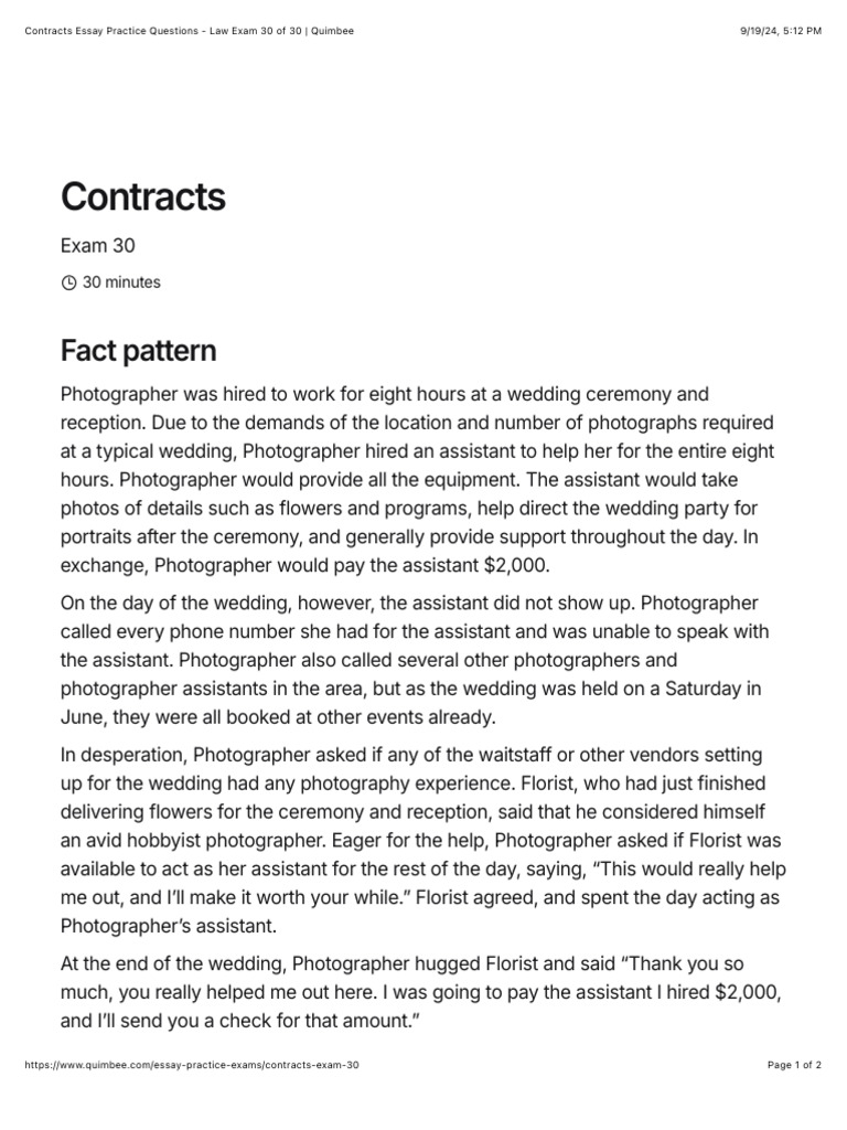 30 Question Contracts Essay Practice Questions - Law Exam 30 of 30 - Quimbee | PDF | Photographer