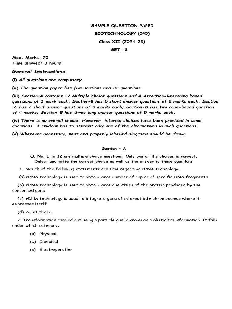 Sample Question Paper Set 3 Class Xii Biotech | PDF | Proteins ...