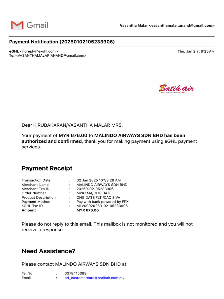 Payment Confirmation for Malindo | PDF
