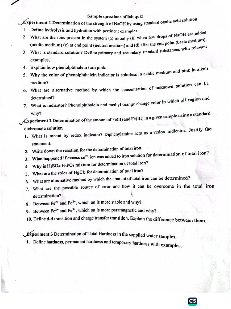 Chem Lab Quiz Sample Questions | PDF