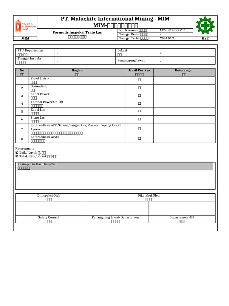 MIM-HSE-InS-011 Formulir Inspeksi Trafo Las | PDF