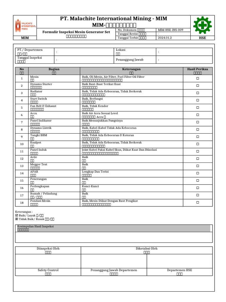 MIM-HSE-InS-009 Formulir Inspeksi Mesin Genset | PDF