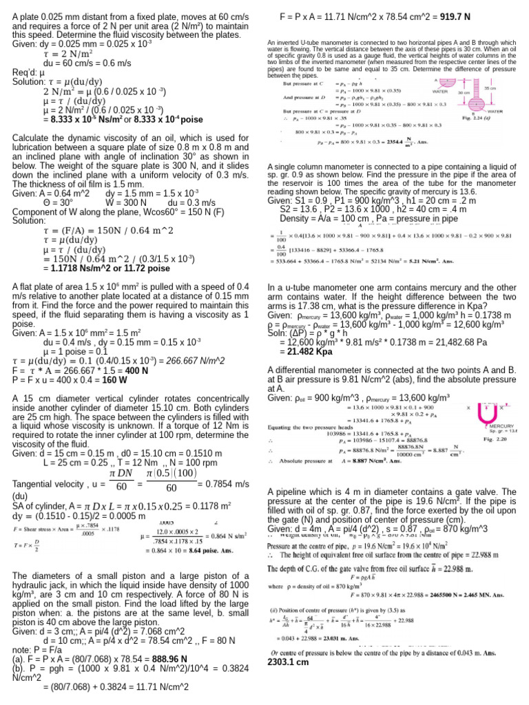 FLUID MECH Solved Prob 1111 | PDF | Pressure Measurement | Pressure