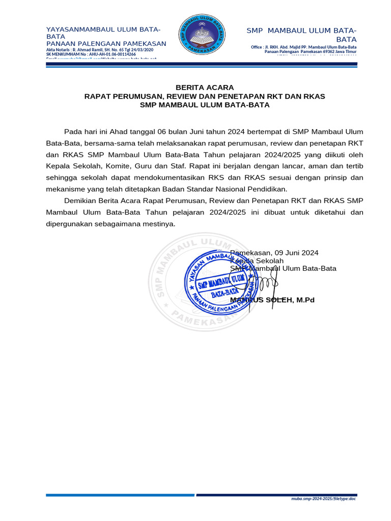 BERITA ACARA PENYUSUNAN RKTS DAN RKAS SMP MUBA 2024-2025 | PDF