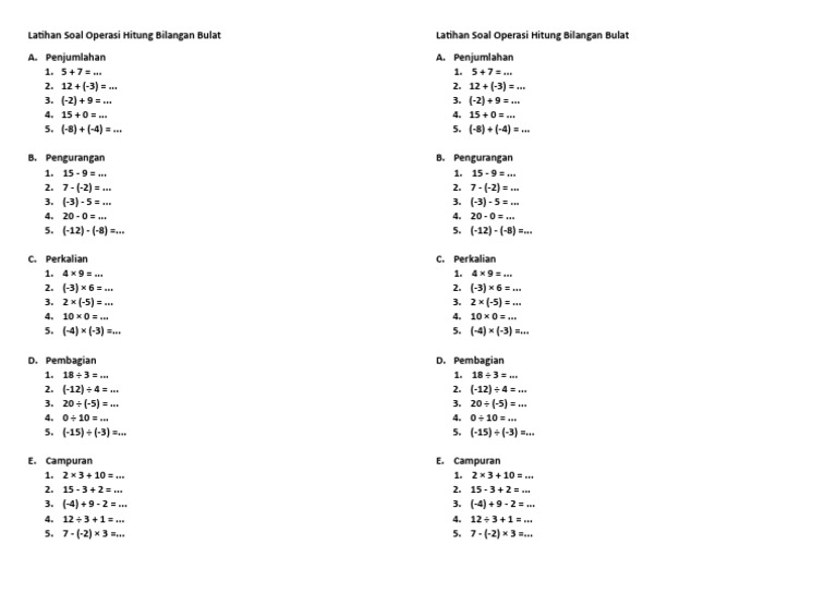 Latihan Soal Operasi Hitung Bilangan Bulat | PDF