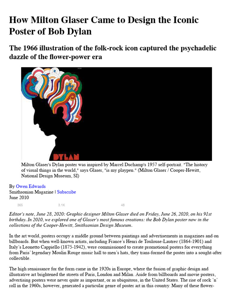 Article - How Milton Glaser Came To Design The Iconic Poster of Bob ...