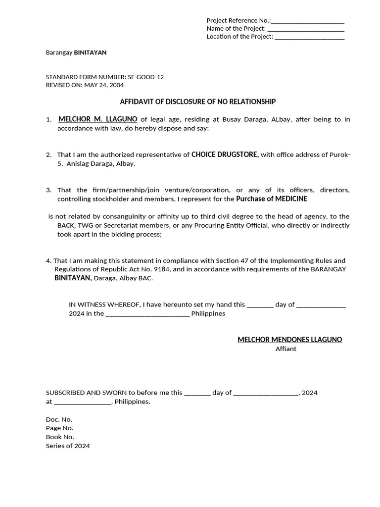 Affidavit of Disclosure of No Relationship | PDF | Affidavit | Evidence