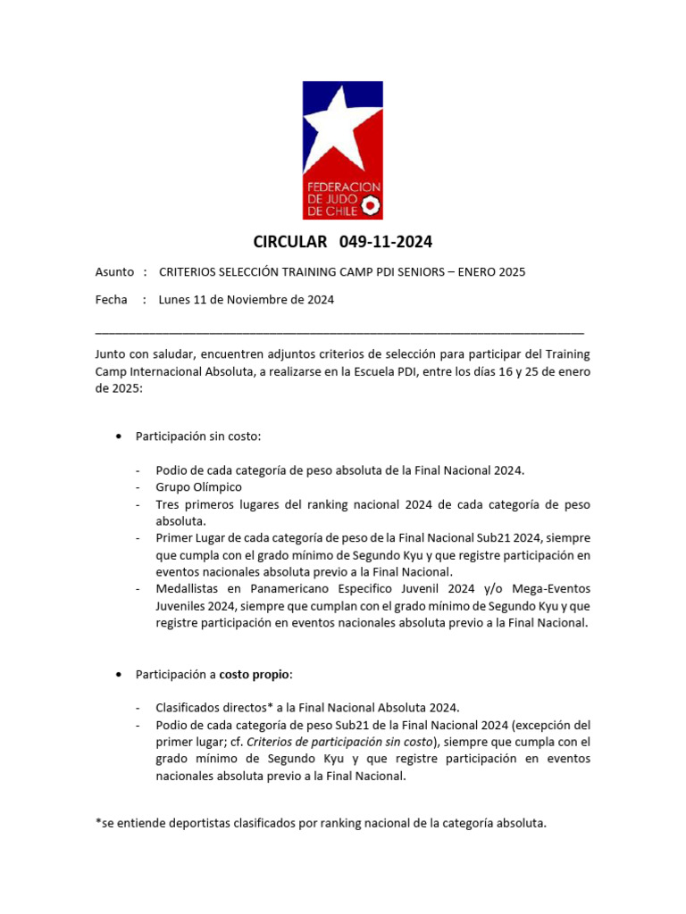 CIRCULAR 049-11-2024 CRITERIOS PARTICIPACIÓN TRAINING CAMP PDI SENIORS 2025 (1) | PDF