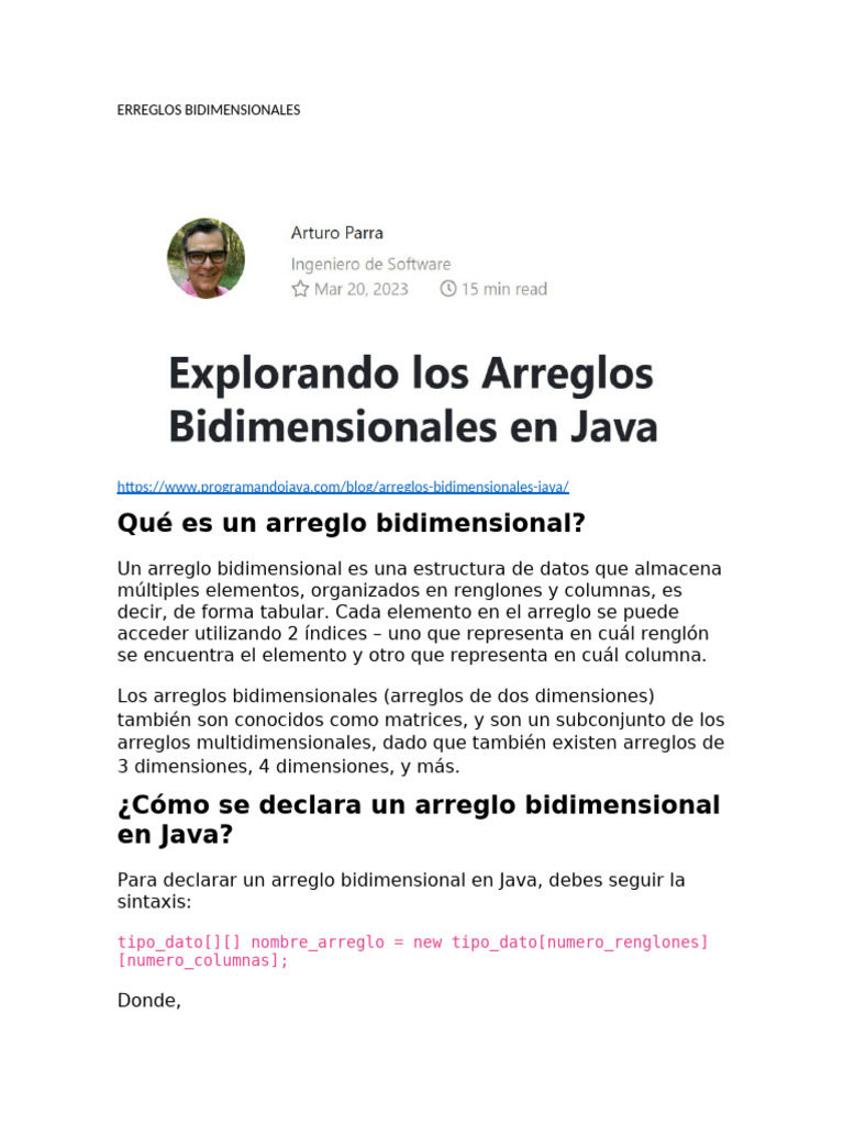 Arreglos Bidimensionales en Java | PDF | Java (lenguaje de programación) | Informática