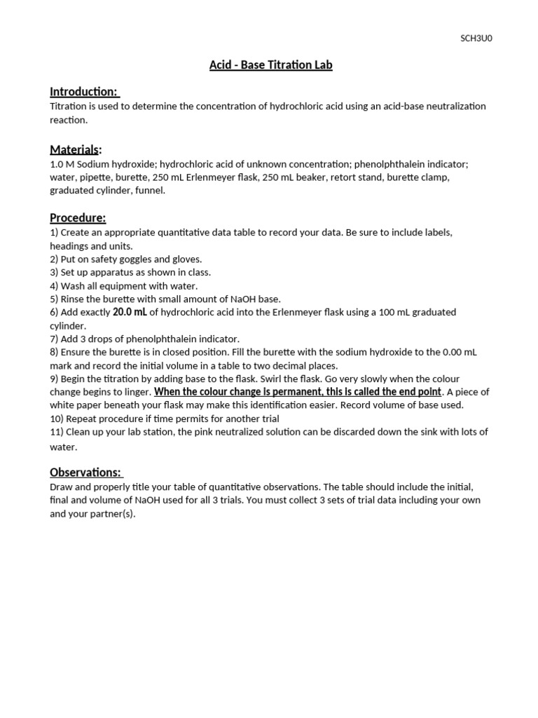 Acid Base Titration Lab (In Class) | PDF | Titration | Chemistry