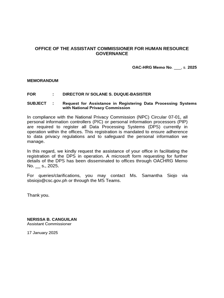 Draft Memo To ICTO - Registration of DPS | PDF