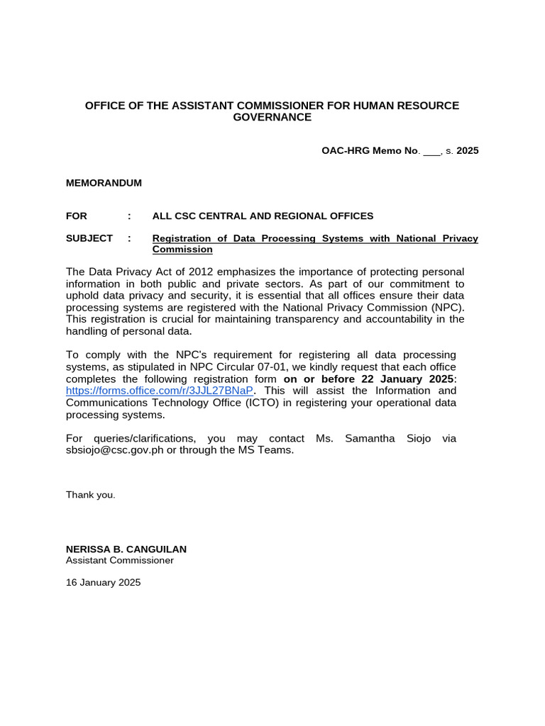 Draft Memo to CO and RO_Registration of DPS With NPC | PDF