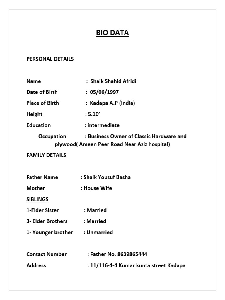Shaik Shahid Afridi Bio Data | PDF