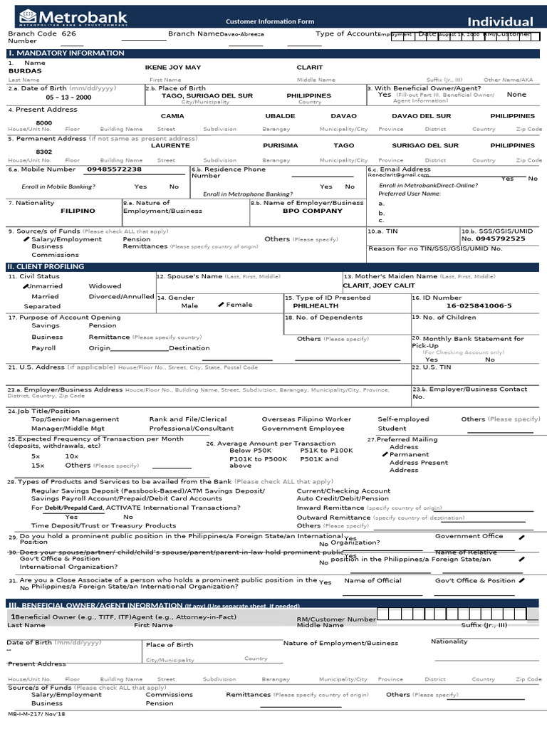 Customer Information Form Individual | PDF | Banks | Debit Card