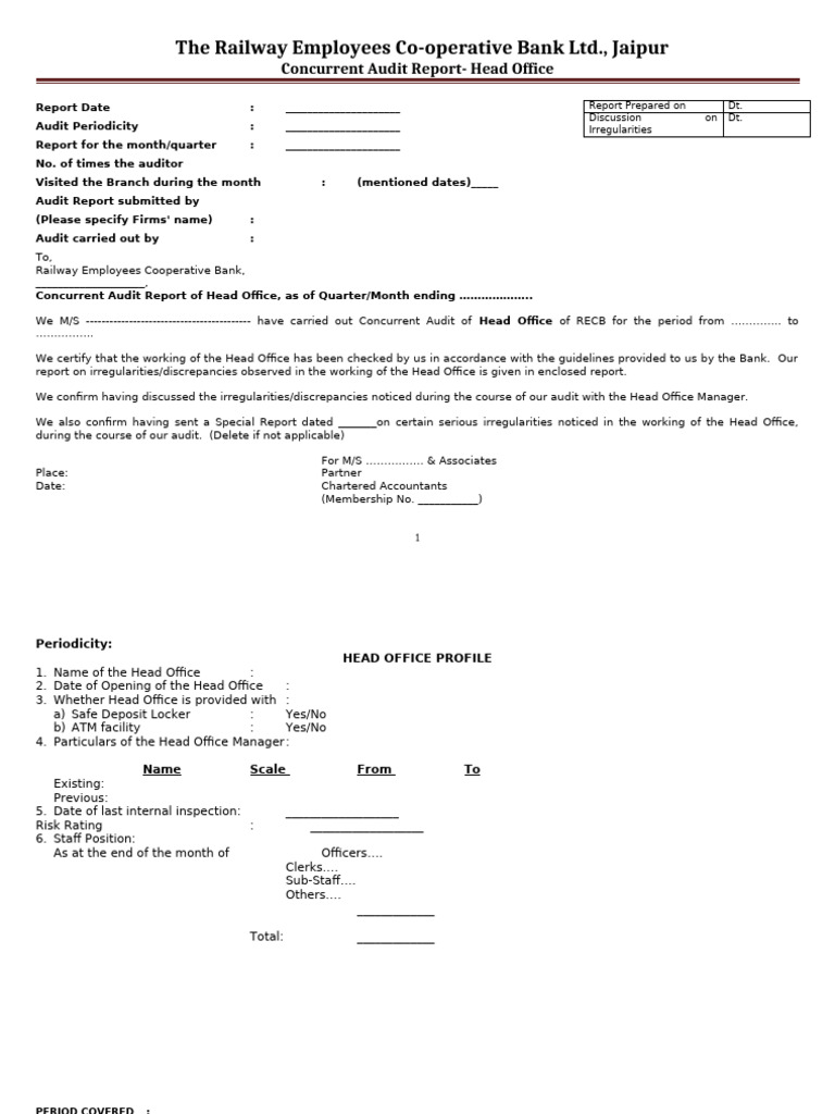 New Format For HO Concurrent Audit | PDF | Cheque | Banks