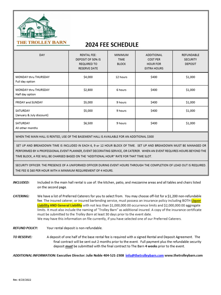 2024 Trolley Barn Fee Schedule | PDF | Fee