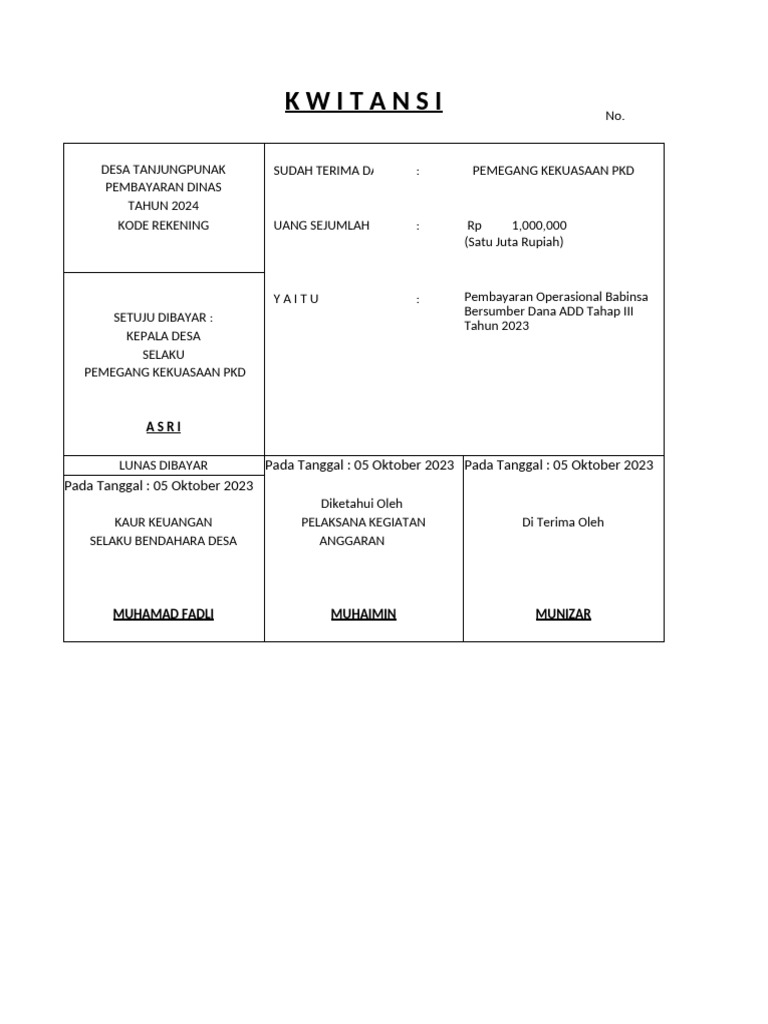 Kwitansi Pembayaran Dinas Desa 2024 | PDF