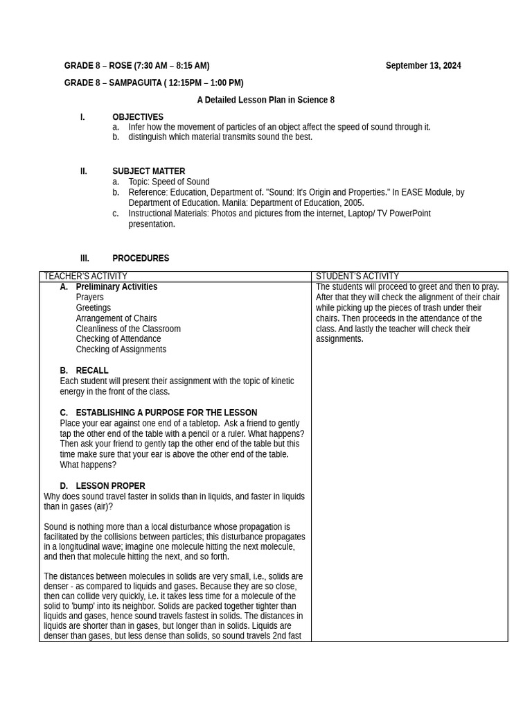 Detailed Lesson Plan For Properties of Sound | PDF | Waves | Gases