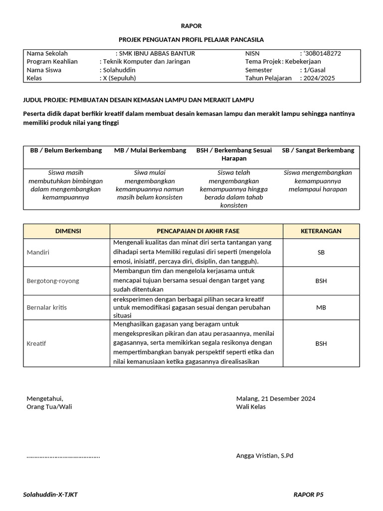 Rapor Proyek Pelajar Pancasila Solahuddin | PDF