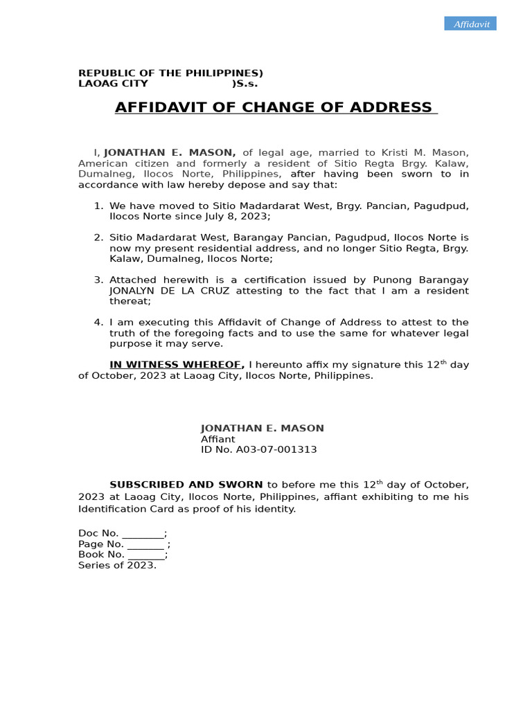 Affidavit of Change of Address in Ilocos | PDF