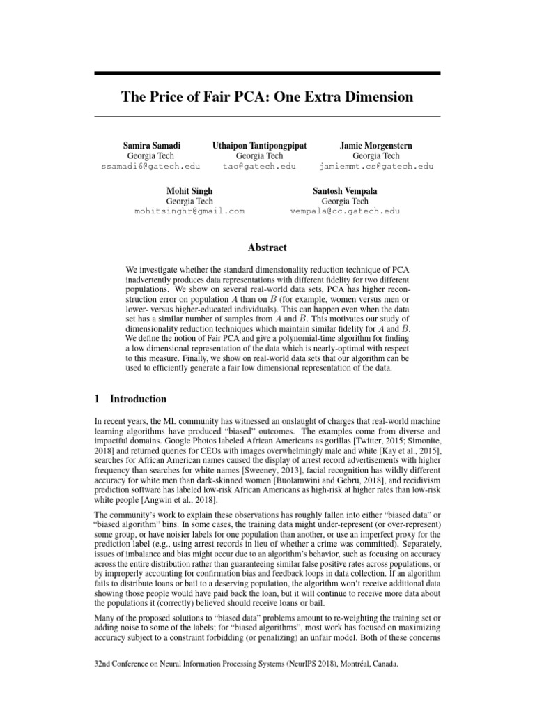 NeurIPS 2018 The Price of Fair Pca One Extra Dimension Paper | PDF ...