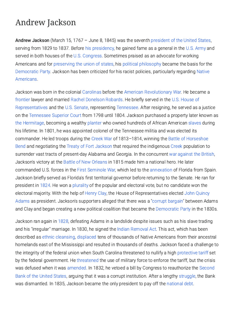 Andrew Jackson: 7th U.S. President | PDF | Andrew Jackson | Muscogee