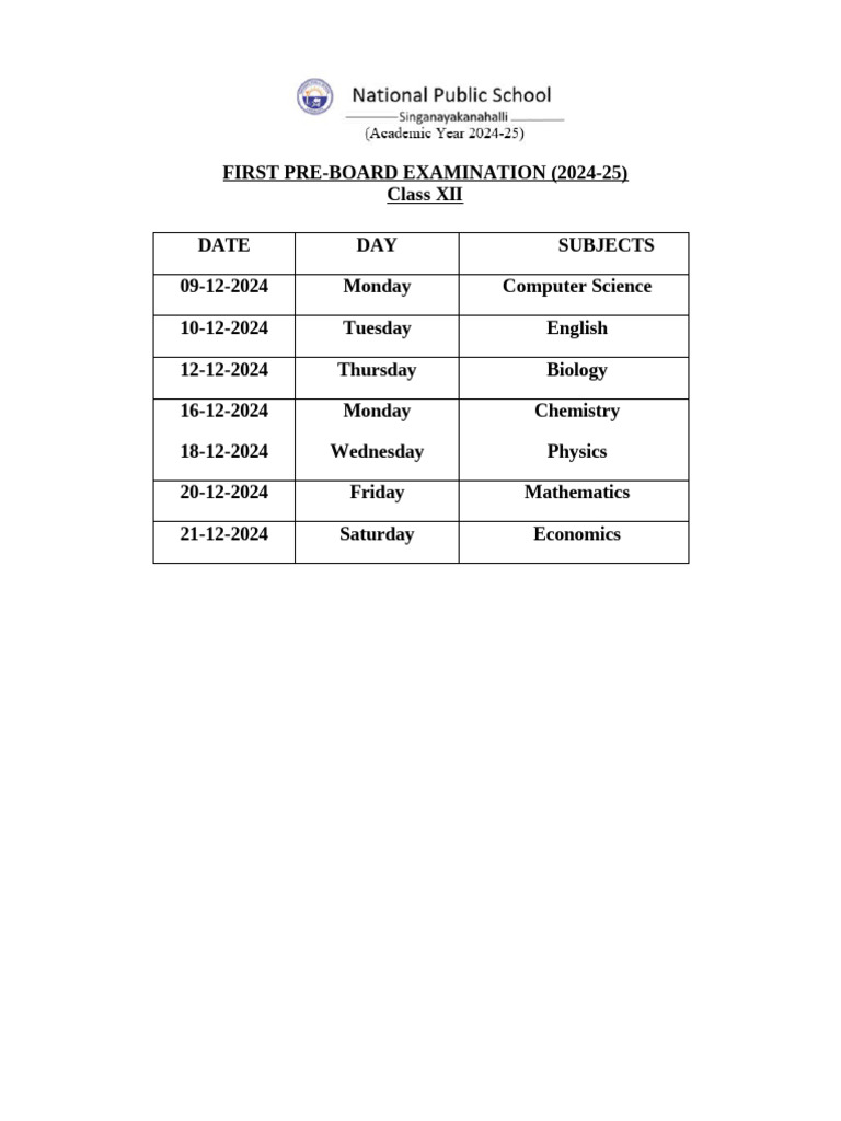Class XII Pre-Board Exam Schedule 2024 | PDF