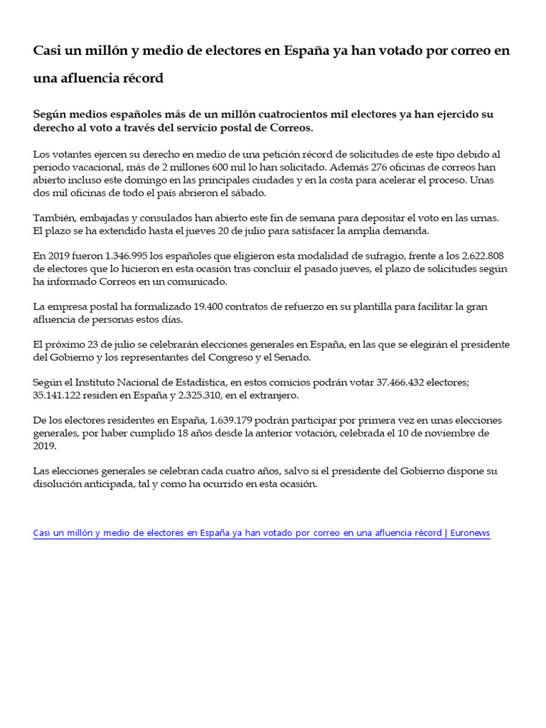 2 Casi Un Millón y Medio de Electores en España Ya Han Votado Por ...