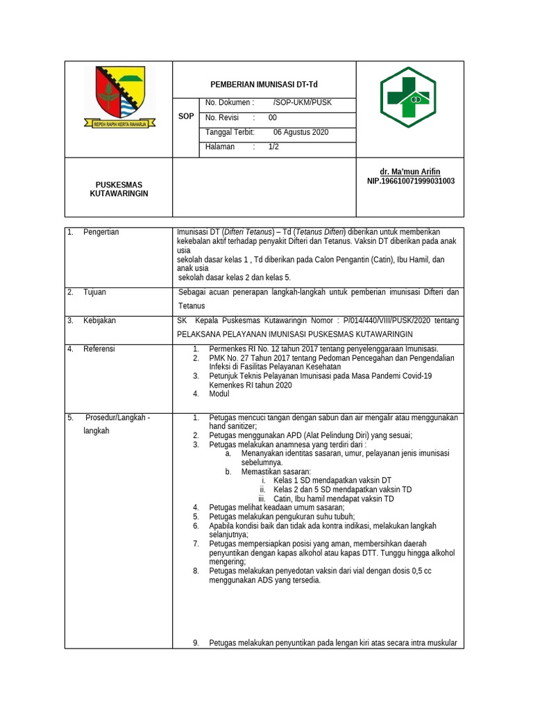 SOP PEMBERIAN IMUNISASI DT-TD | PDF