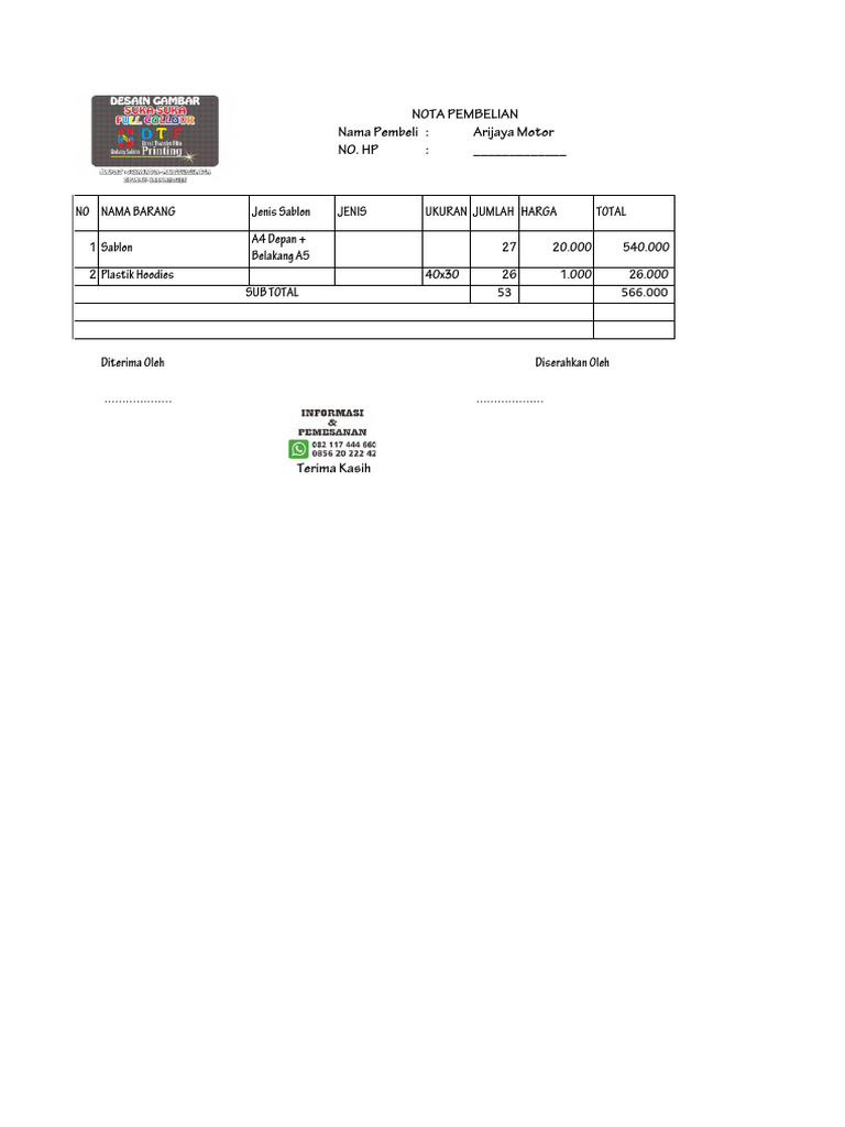 Nota Sablon Arijaya Motor | PDF