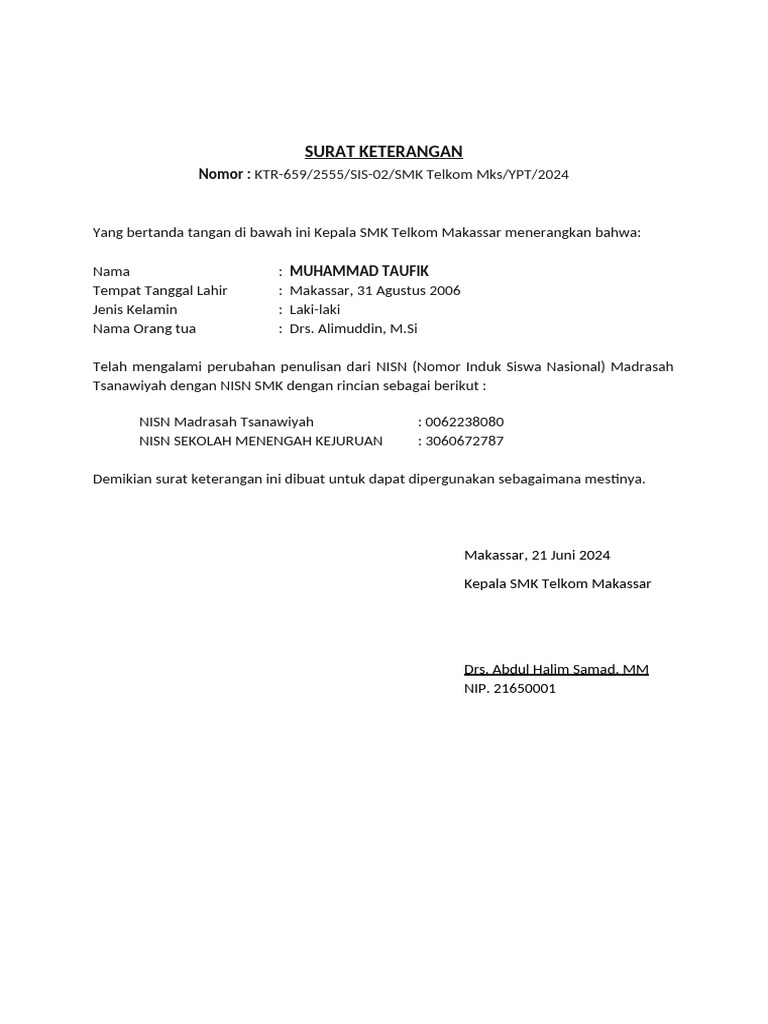 SURAT KETERANGAN NISN | PDF