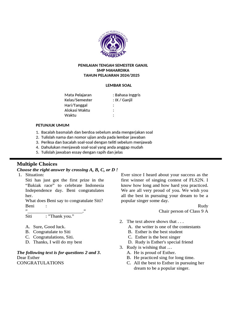 Soal PTS Ganjil 24-25 | PDF | Foods
