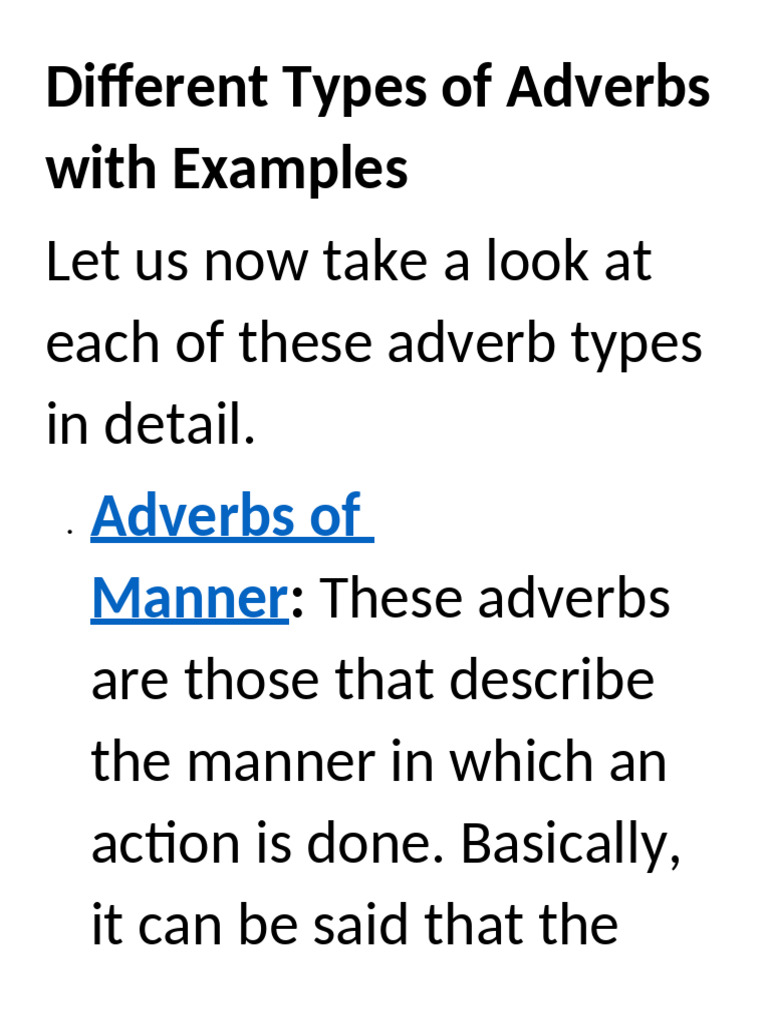 Different Types of Adverbs with Examples | PDF | Adverb | Linguistic Morphology