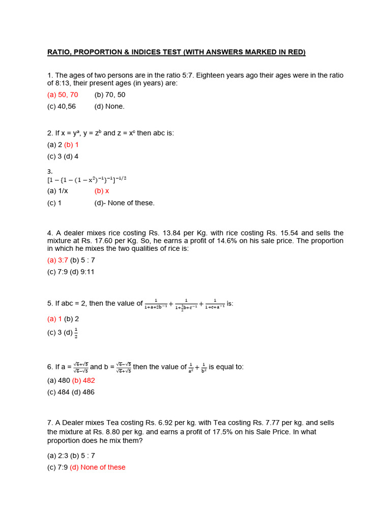 Ratio, Proportion & Indices Test | PDF