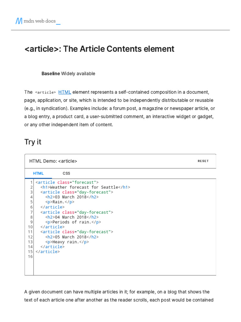 Article - The Article Contents Element - HTML - HyperText Markup Language - MDN | PDF