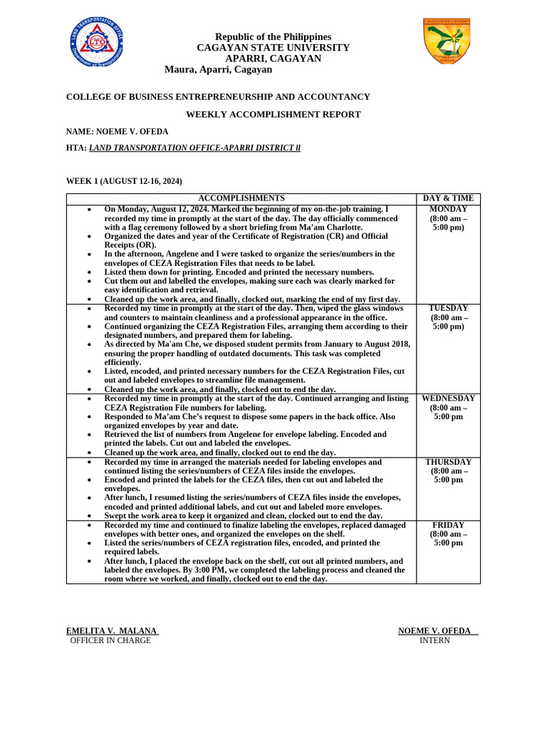 WEEKLY-ACCOMPLISHMENT-NOEME-3 | PDF | Driver's License | Transport