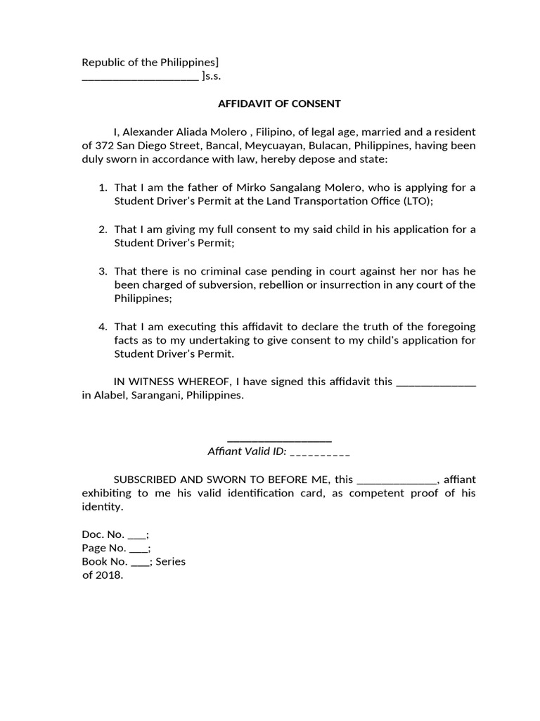 Affidavit of Consent LTO Student Permit Blank Form | PDF