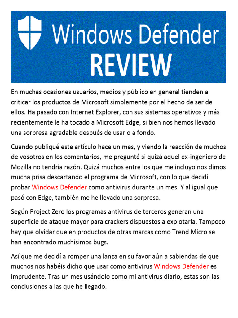 Reseña de Windows Defender como antivirus | PDF | Software antivirus ...