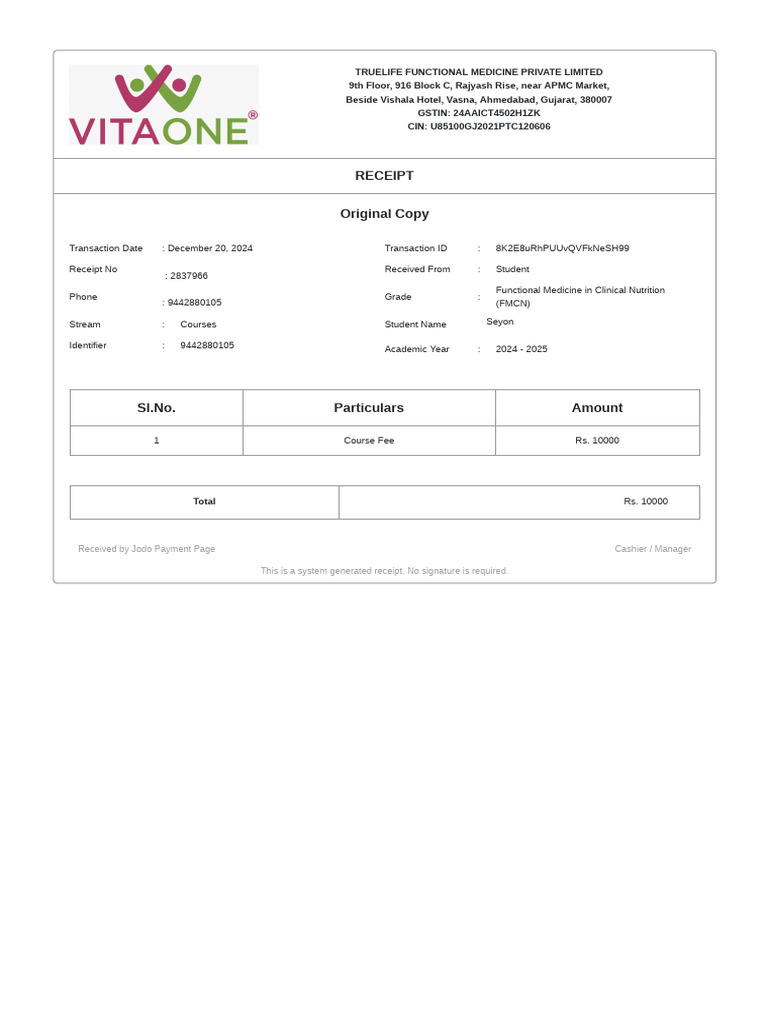Functional Medicine Course Receipt | PDF