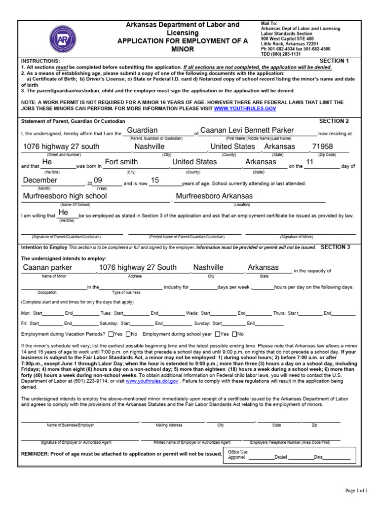 Arkansas Minor Employment Application | PDF | Legal Guardian | Labor