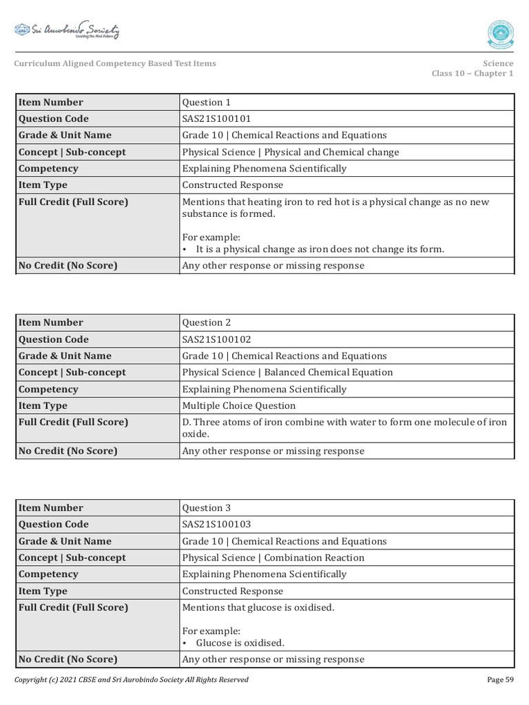 Cbse Class 10 Science Competency Based Questions Answer Key | PDF ...